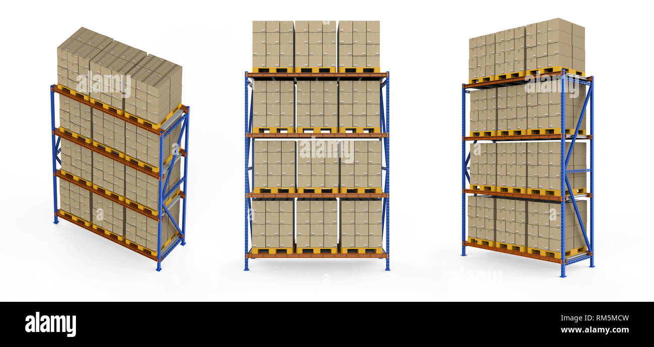 3d rendering warehouse rack with cardboard boxes isolated on white ...