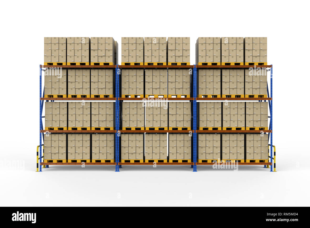 3d rendering warehouse rack with cardboard boxes on white background ...