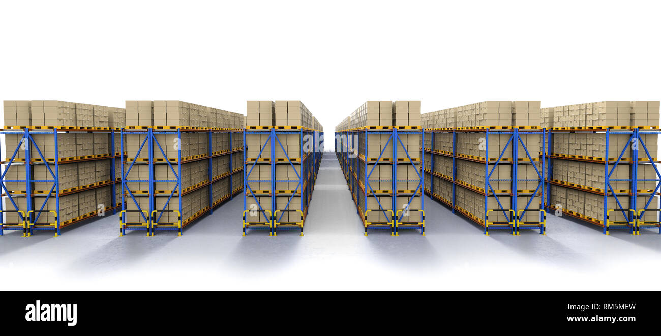 3d rendering racks full of carton boxes in warehouse Stock Photo - Alamy