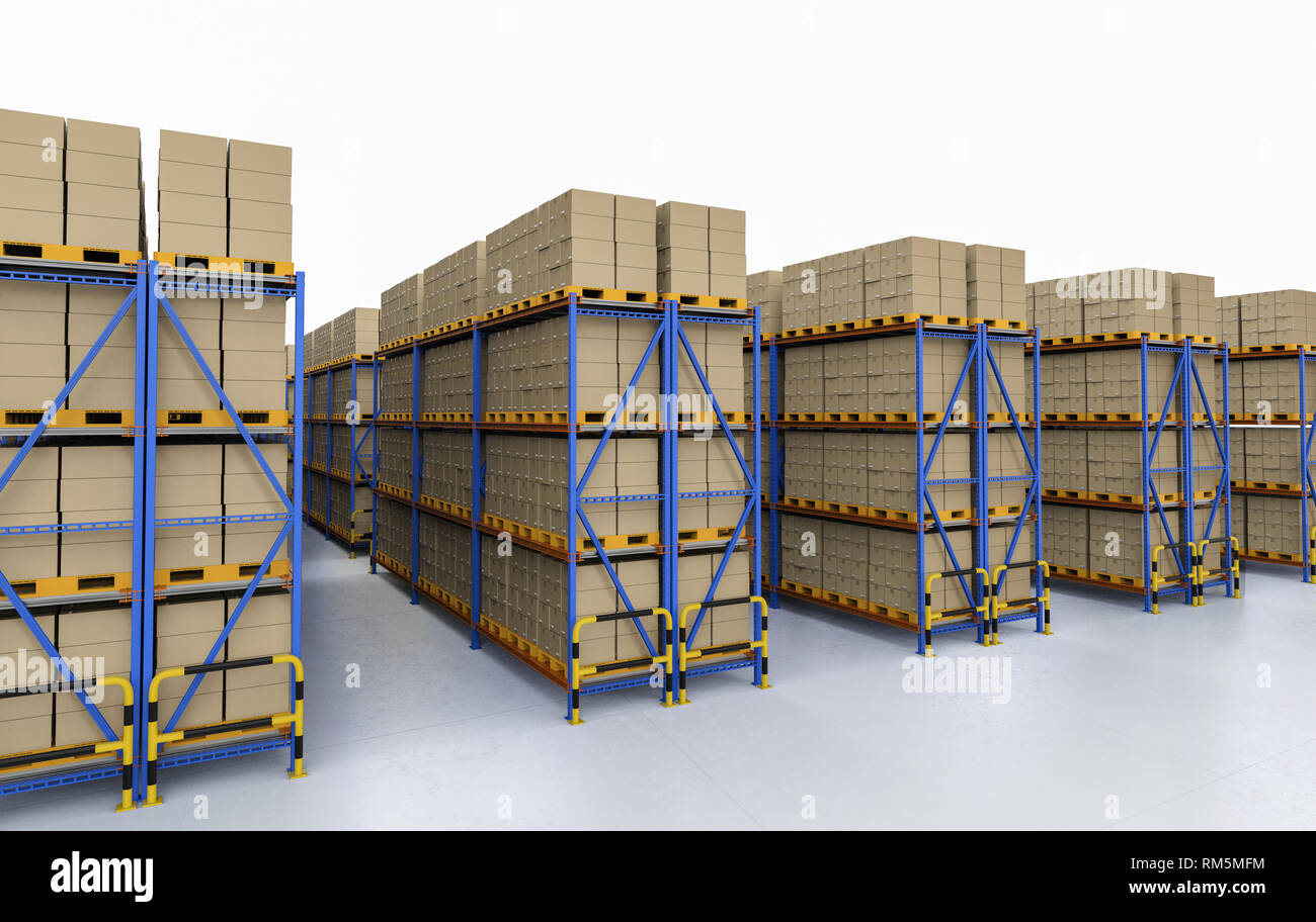 3d rendering racks full of carton boxes in warehouse Stock Photo - Alamy