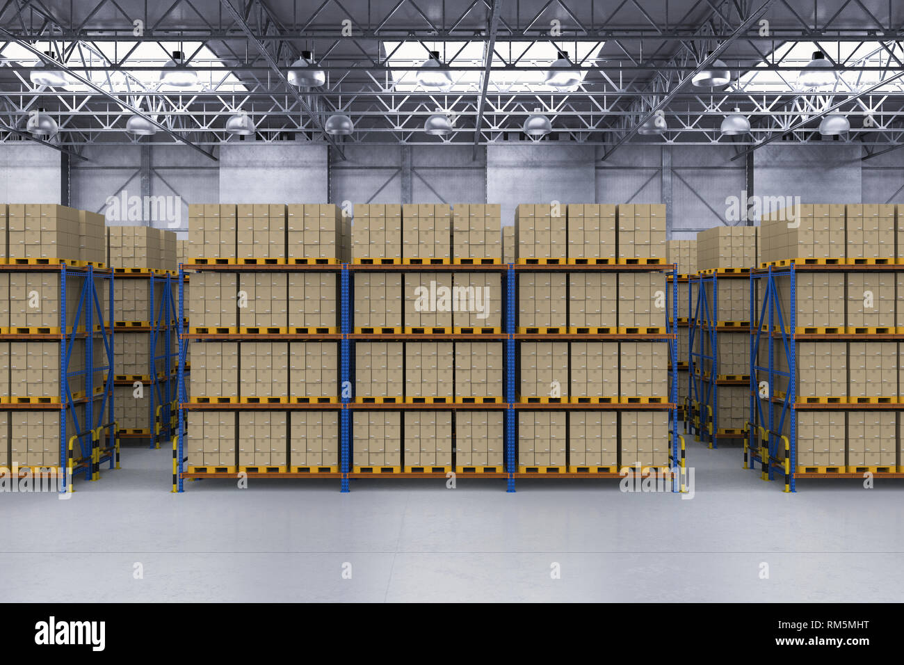 3d rendering racks full of carton boxes in warehouse Stock Photo - Alamy
