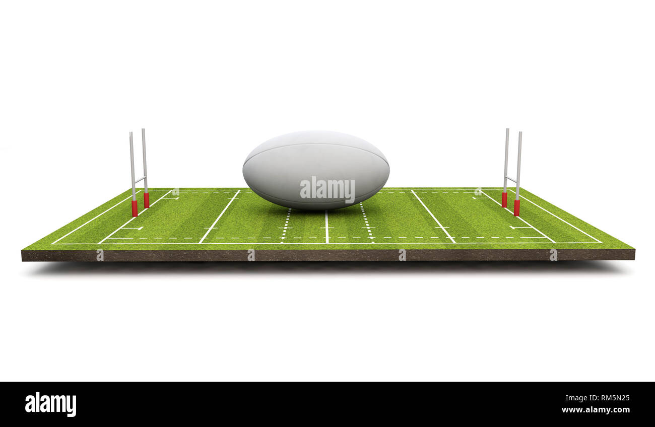 Rugby pitch with ball and goal posts. 3D Render Stock Photo - Alamy