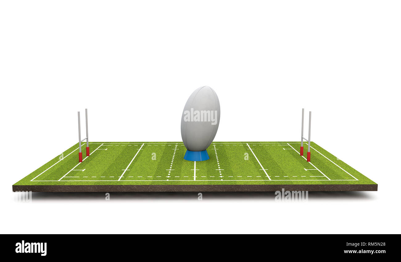 Rugby pitch with ball and goal posts. 3D Render Stock Photo - Alamy