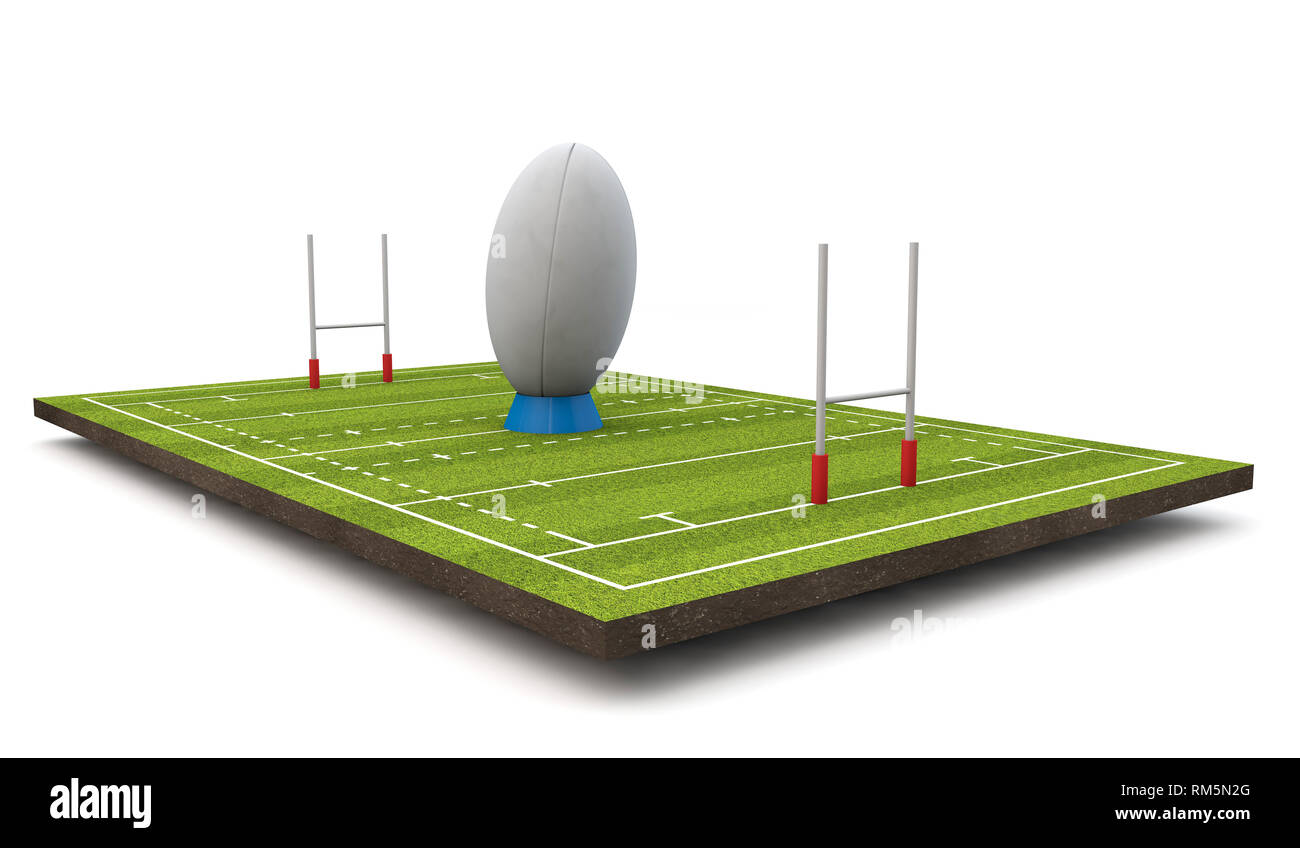 Rugby pitch with ball and goal posts. 3D Render Stock Photo - Alamy