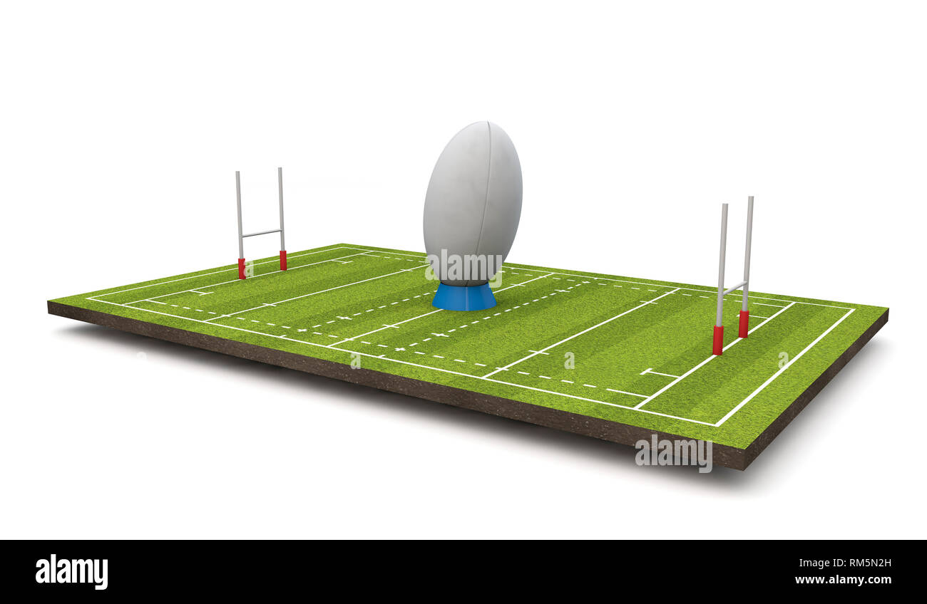 Rugby pitch with ball and goal posts. 3D Render Stock Photo - Alamy
