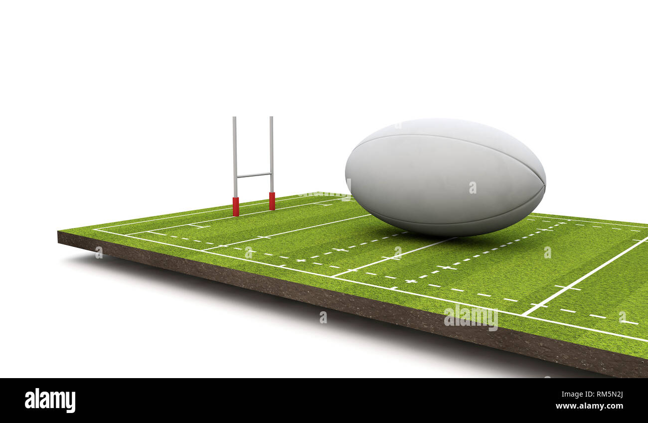 Rugby pitch with ball and goal posts. 3D Render Stock Photo - Alamy