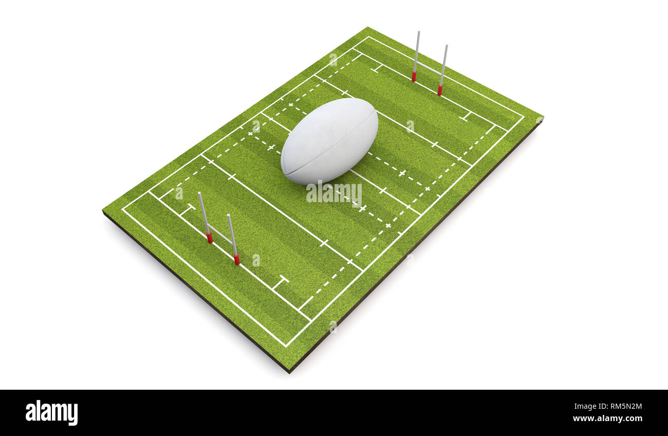 Rugby pitch with ball and goal posts. 3D Render Stock Photo - Alamy