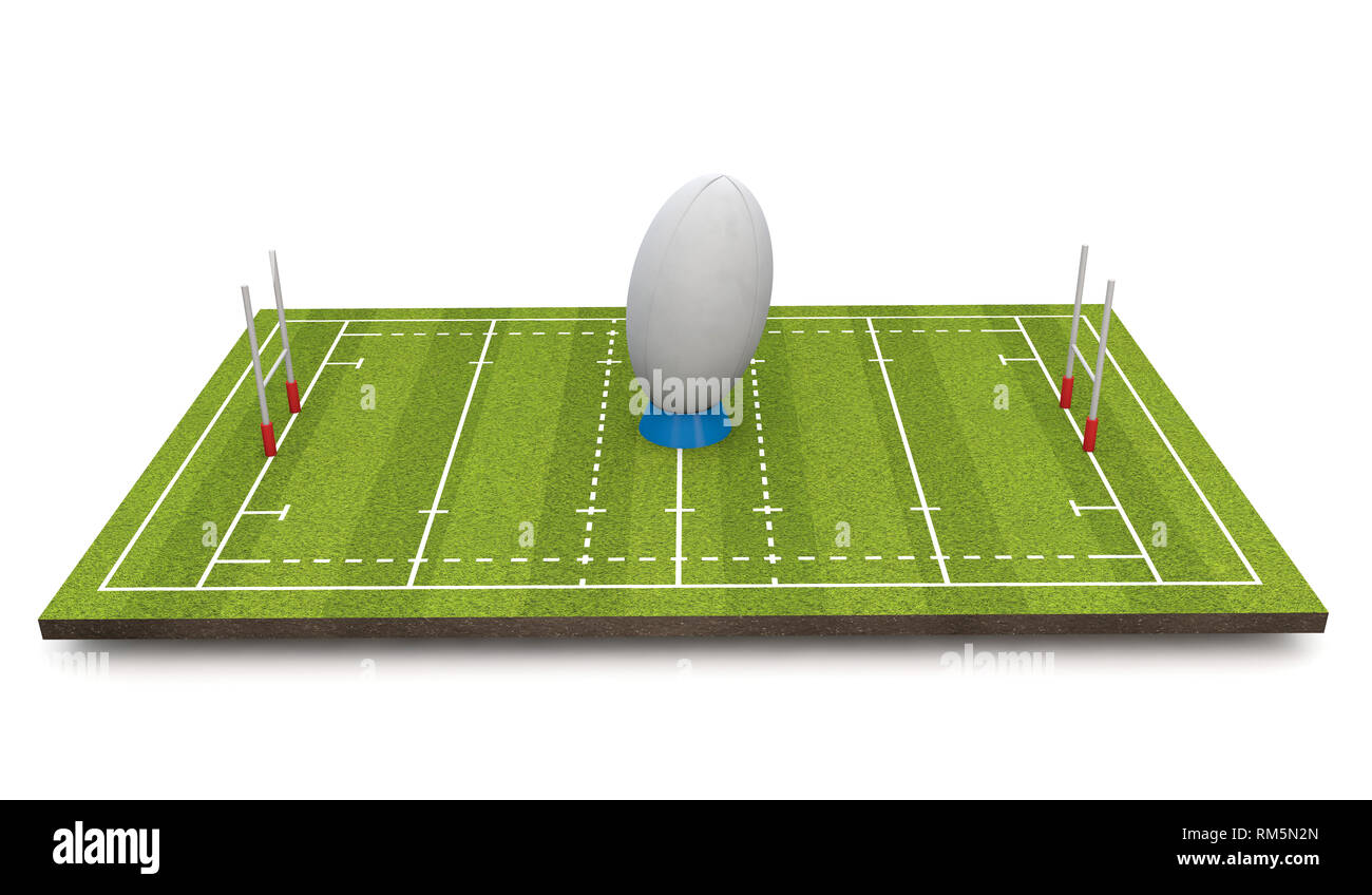 Rugby pitch with ball and goal posts. 3D Render Stock Photo - Alamy