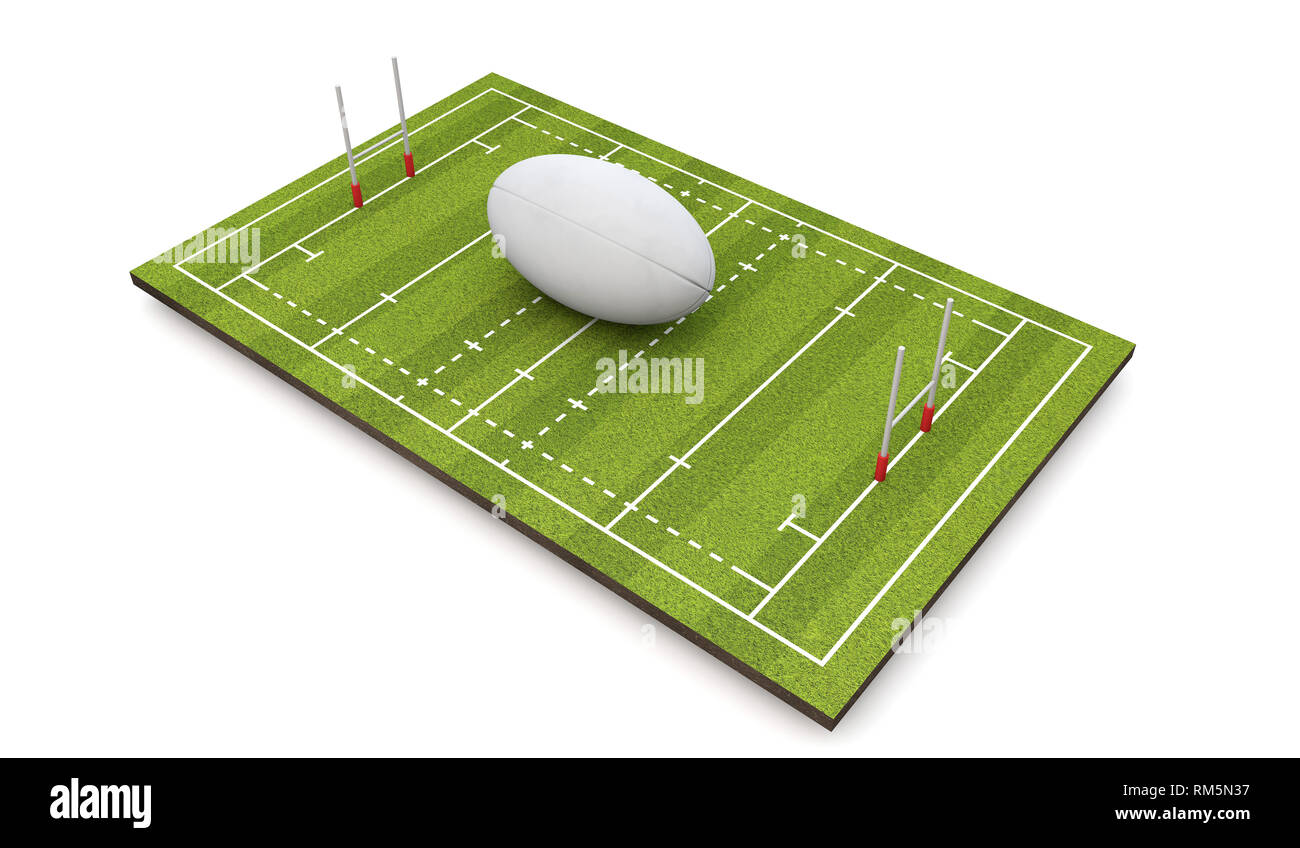 Rugby pitch with ball and goal posts. 3D Render Stock Photo - Alamy