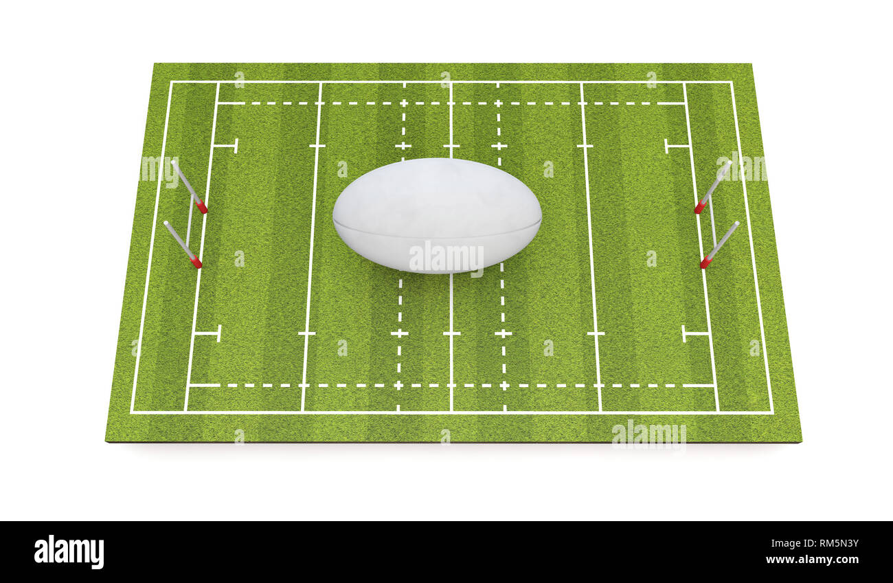 Rugby pitch with ball and goal posts. 3D Render Stock Photo - Alamy