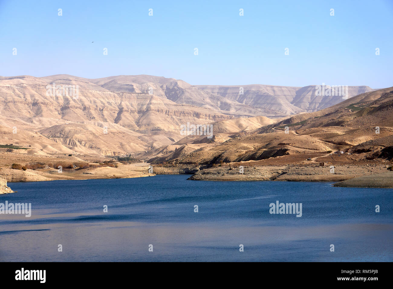 A view on Wadi al Mujib dam and lake from the Kings Highway in Jordan ...