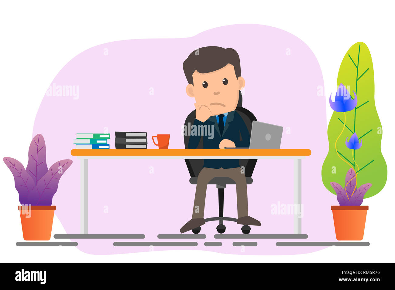 Business man sitting at his desk and boring with work. vector ...