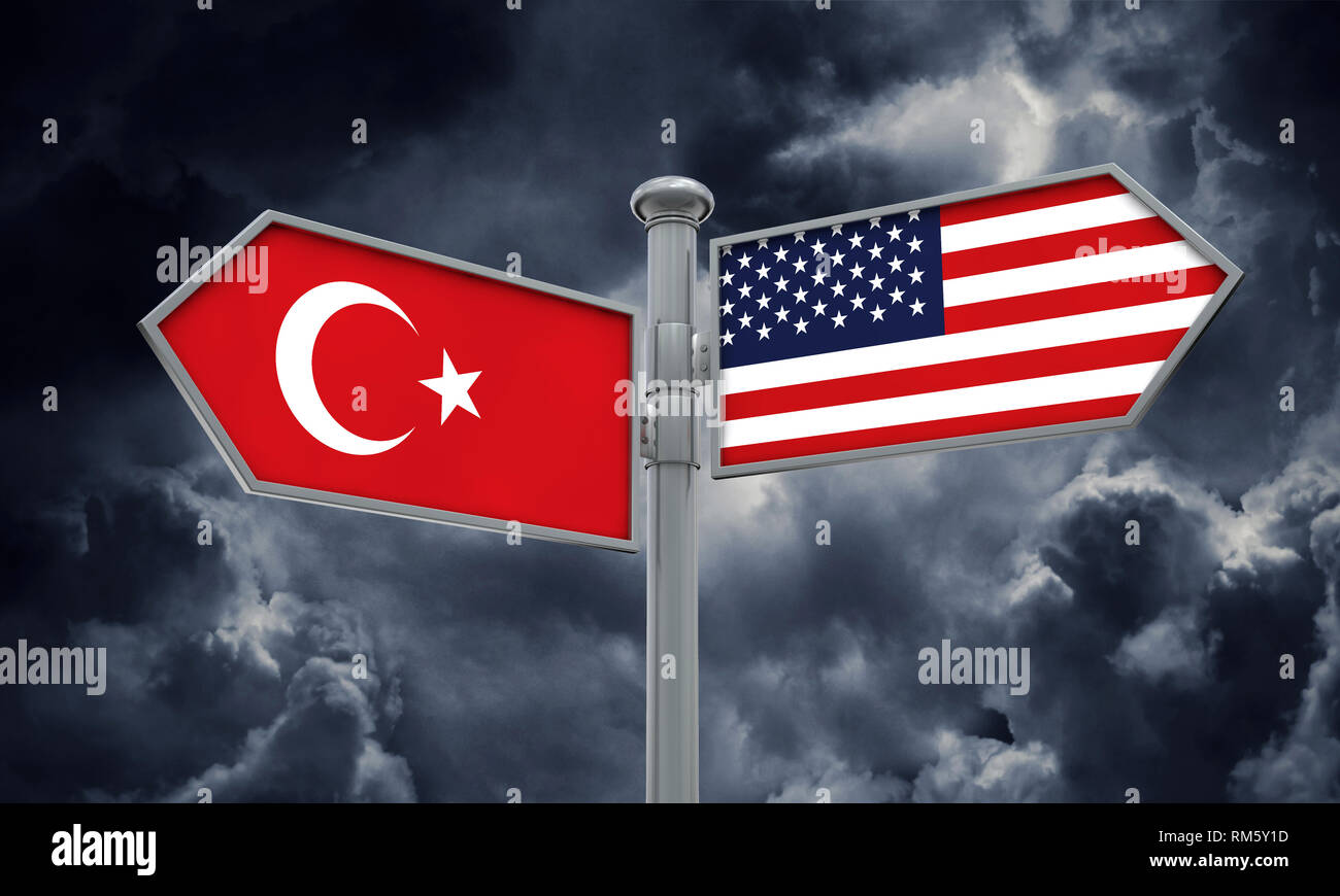 Turkey and America flag moving in different direction. 3D Rendering ...