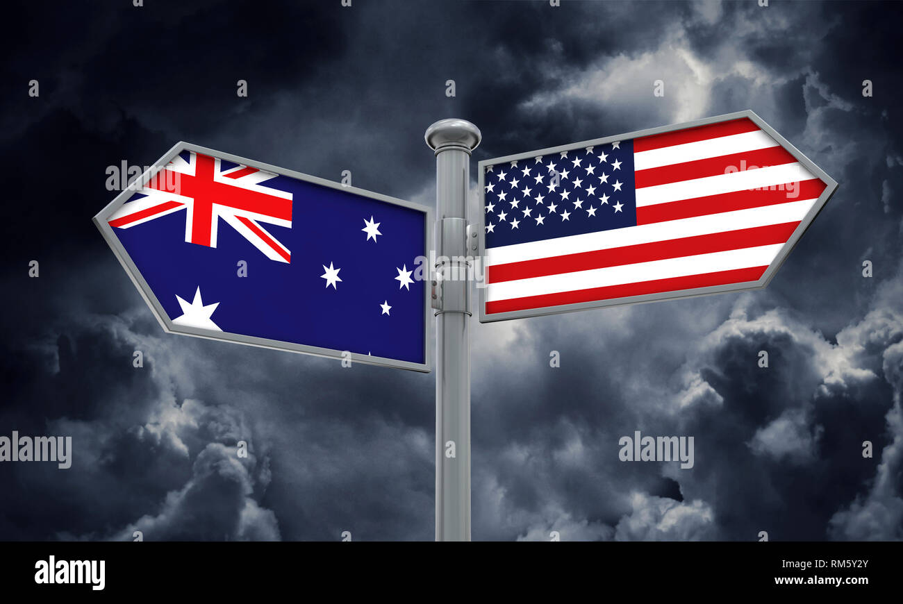 Australia and America flag moving in different direction. 3D Rendering ...