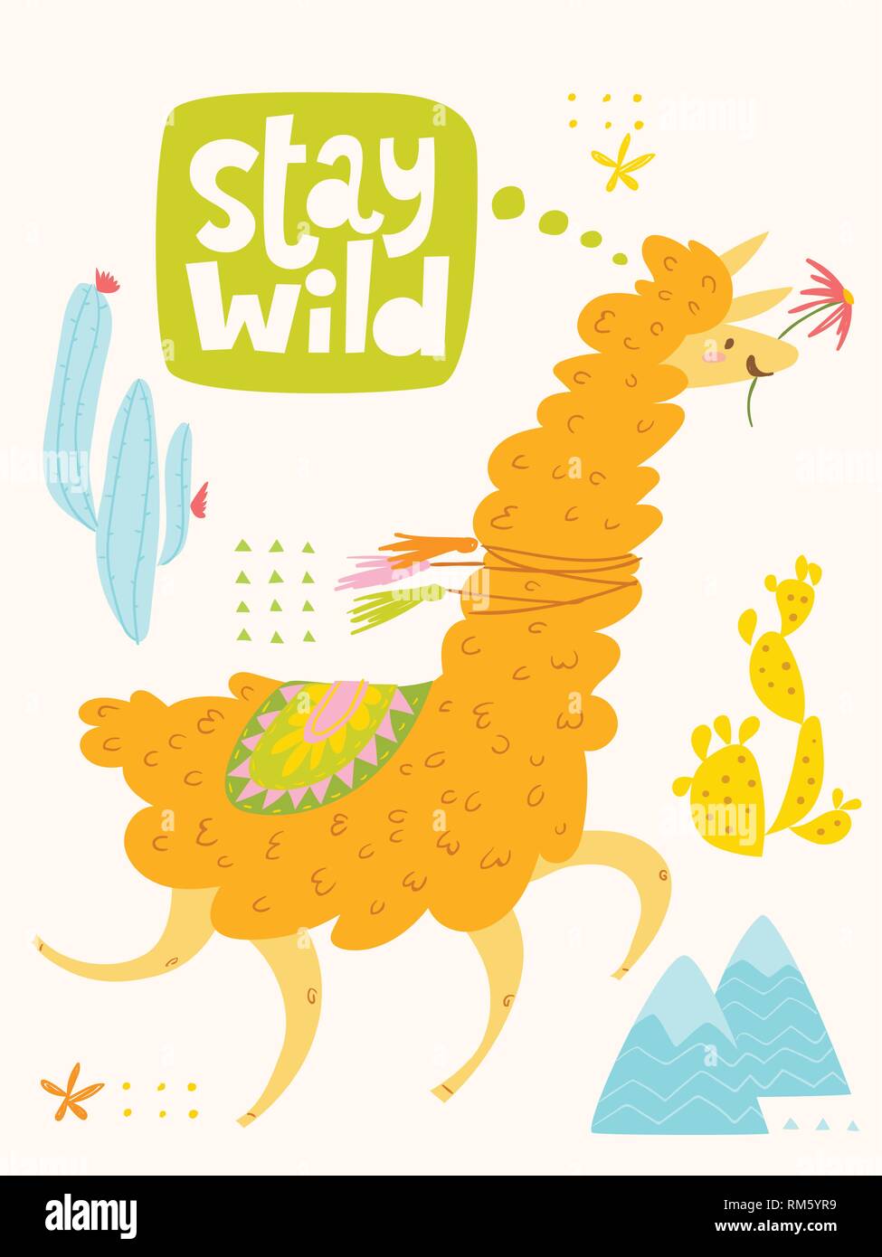 Vector poster or card with cute cartoon lama and cacti Stock Vector ...