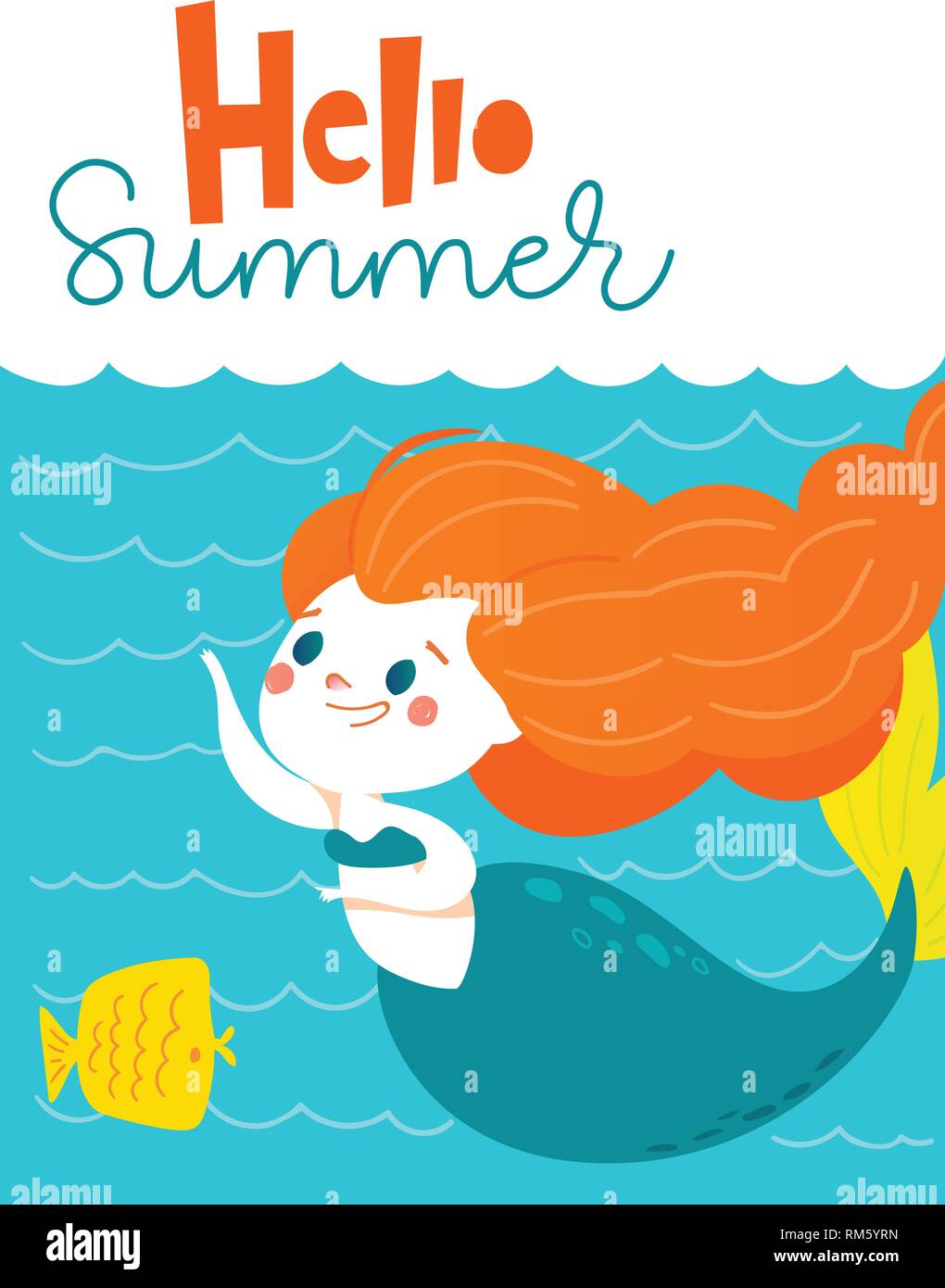 Vector cartoon summer poster with cute little mermaid Stock Vector ...