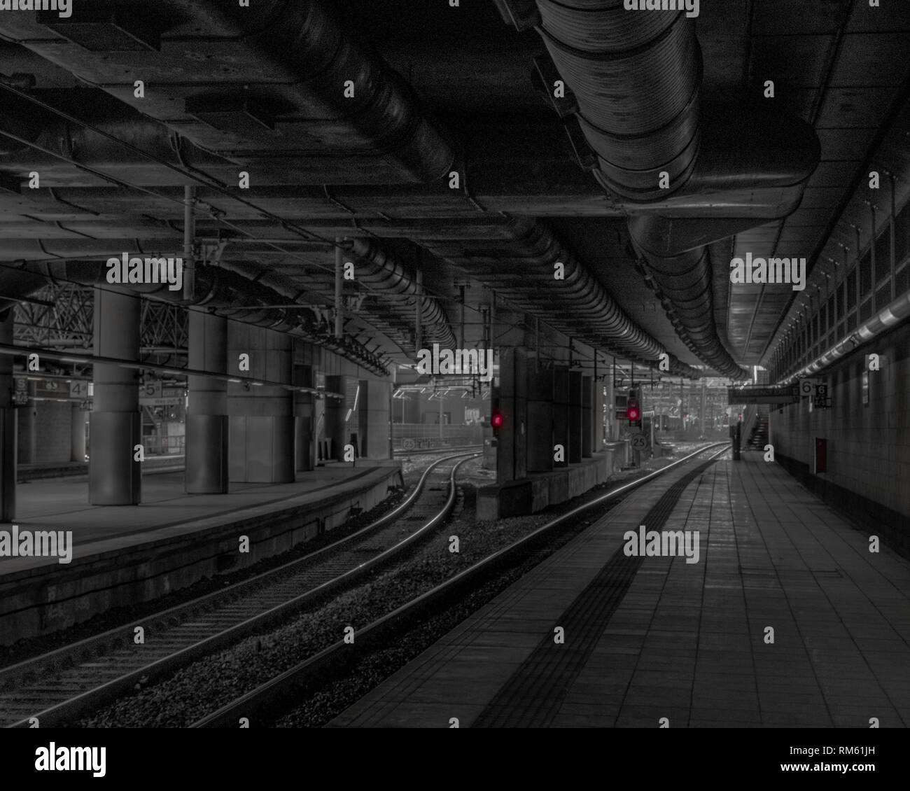 A black and white interior of Victoria Train Station, Manchester Stock ...