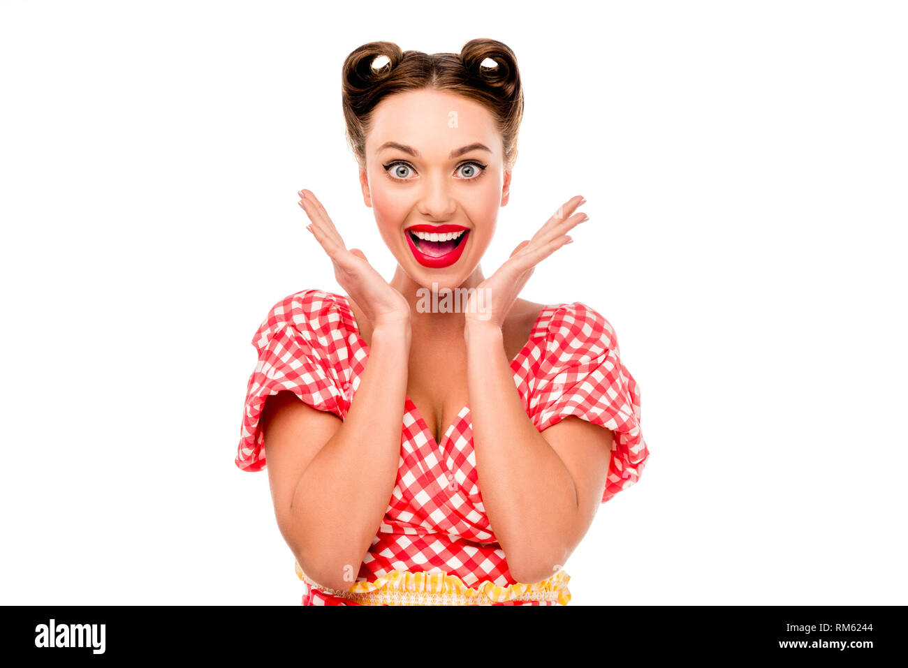 Happy smiling pin up girl bright clothes isolated on white Stock Photo ...