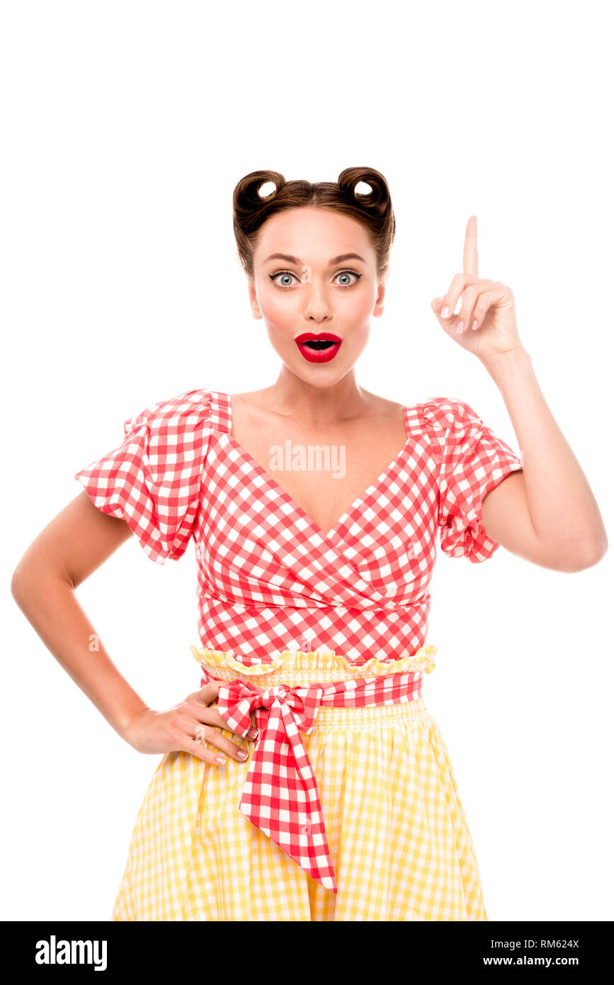 Attractive pin up girl showing idea gesture isolated on white Stock ...