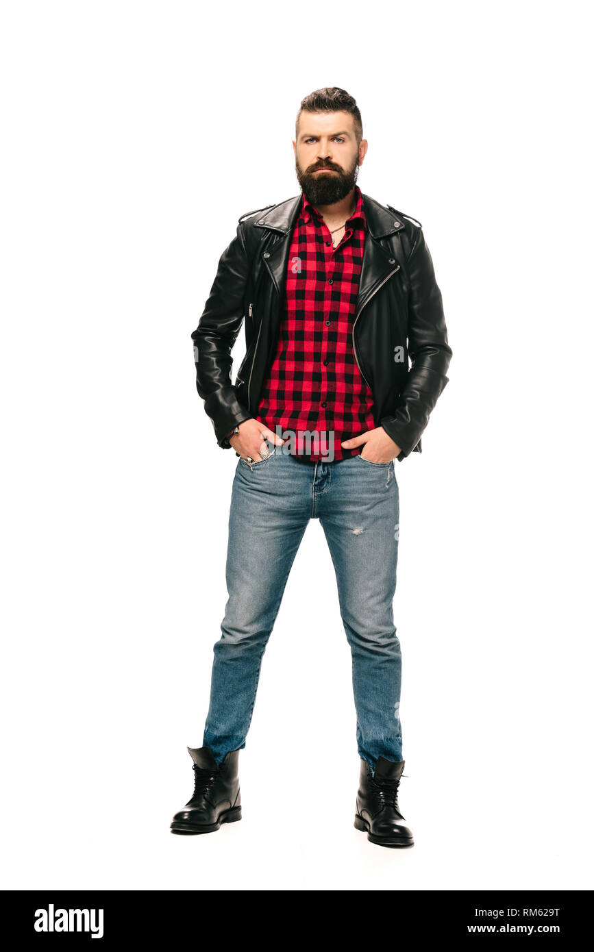 handsome rocker posing in black leather jacket isolated on white Stock ...