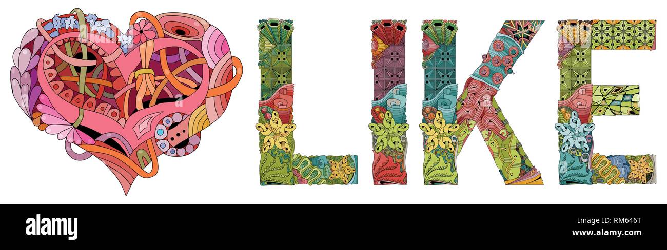 Word LIKE with heart. Vector zentangle object for decoration Stock ...