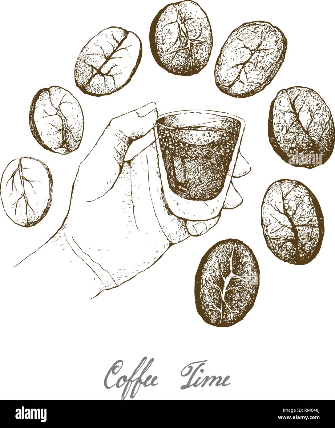 Coffee Time, Illustration Hand Drawn Sketch of Hand Holding A Shot of ...