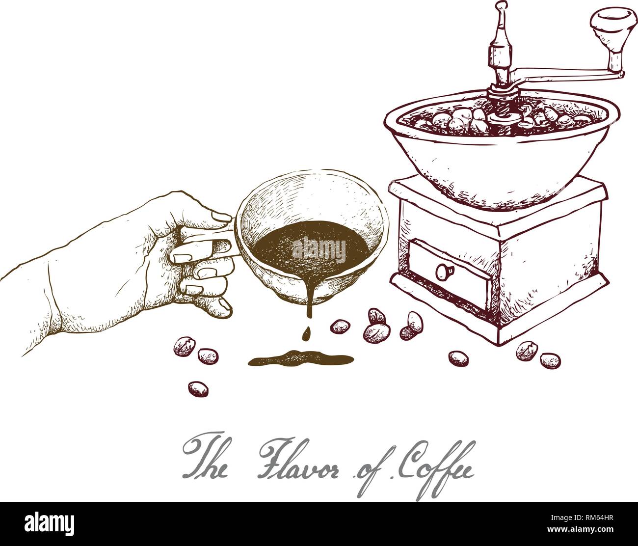 The Flavor of Coffee, Illustration Hand Drawn Sketch of Hand Holding A ...