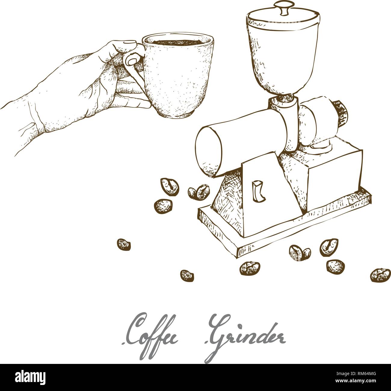 Illustration Hand Drawn Sketch of Hand Holding A Shot of Espresso with ...