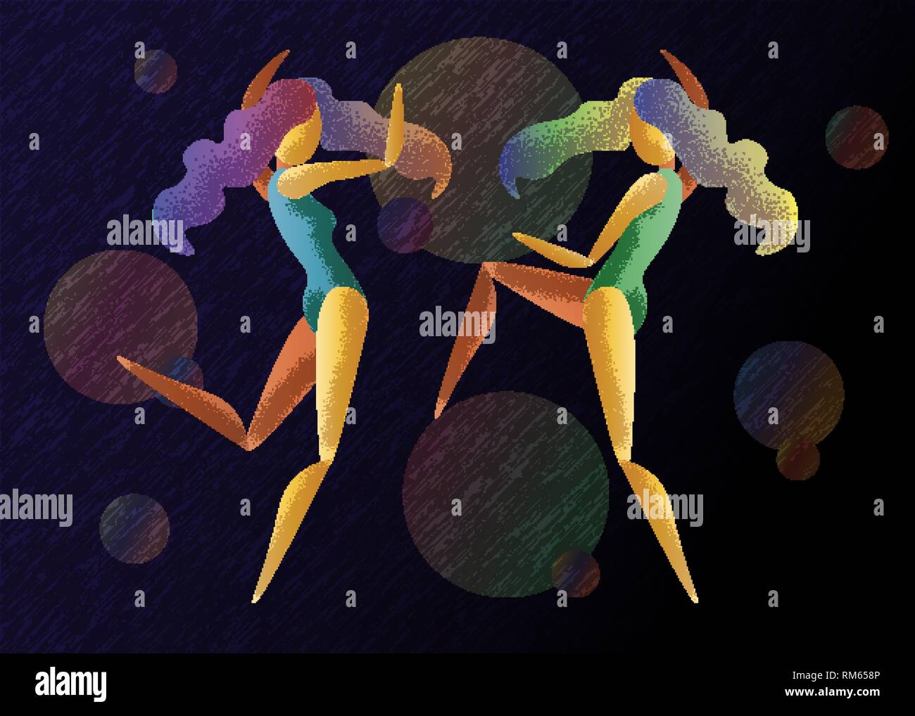 two abstract bright color dancing girls on a dark background 10 eps ...