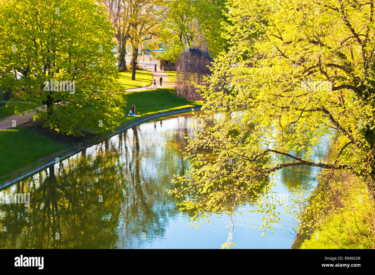 Lake outside of Zwinger gallery, Dresden, Germany. Cut green grass ...