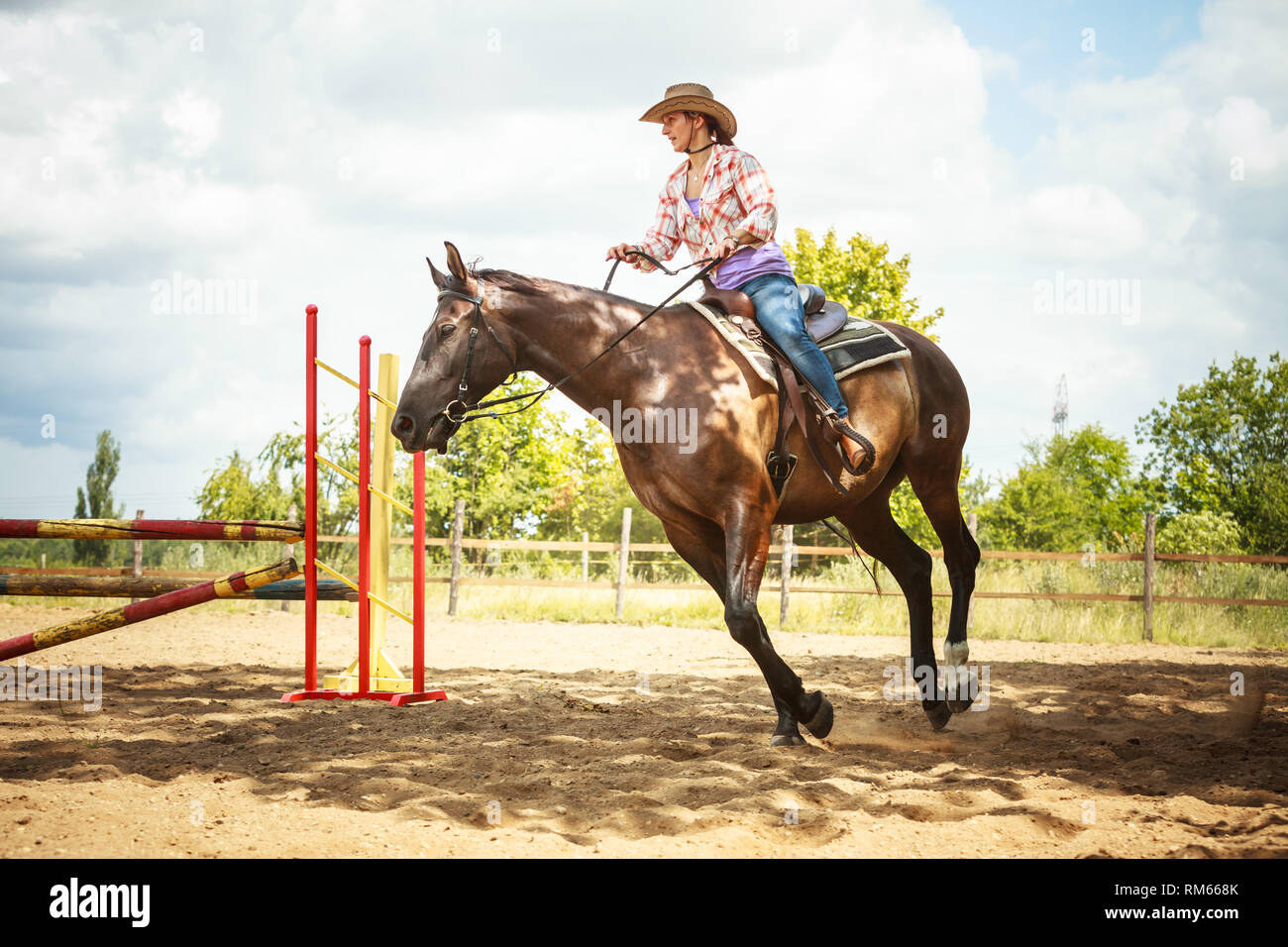 Active western cowgirl woman training riding horse jumping over fence ...