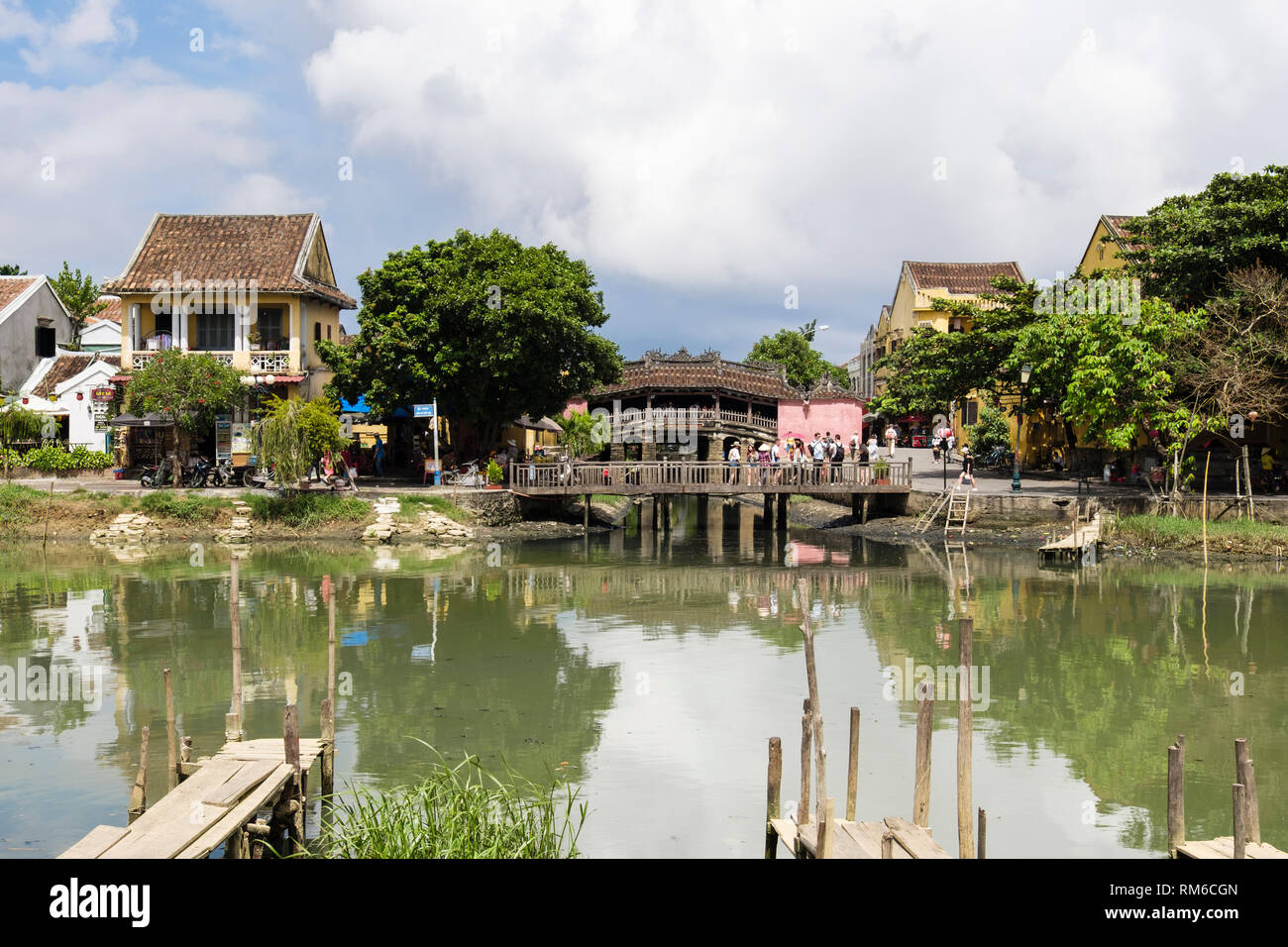 View across Thu Bon River to old Chua Cau or Japanese Covered bridge or ...