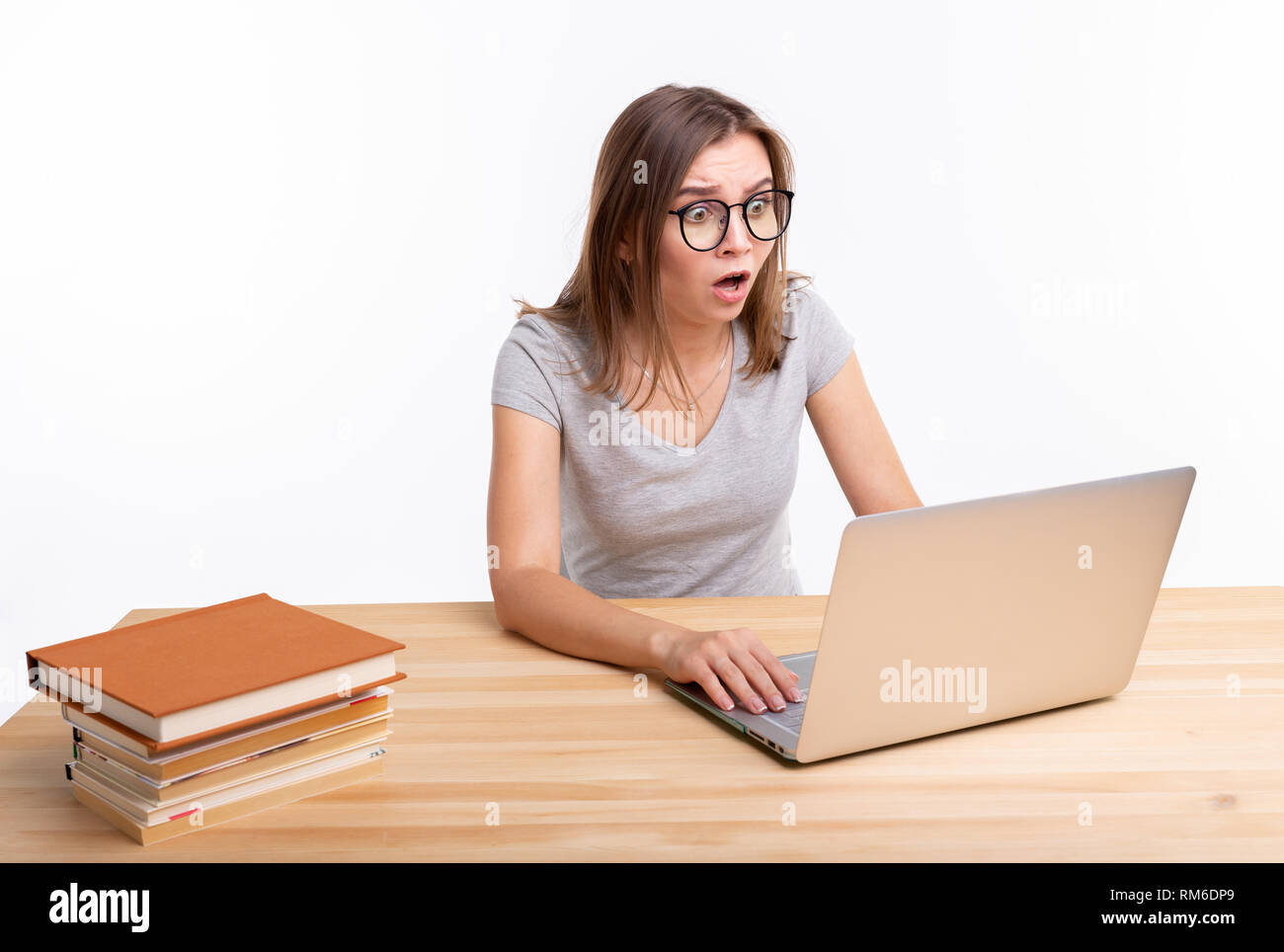 Study, education and people concept - young surprised woman nerd is ...