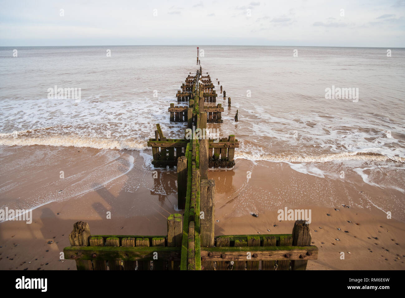 wooden beach groynes, coastal sea defences at overstrand on the norfolk ...