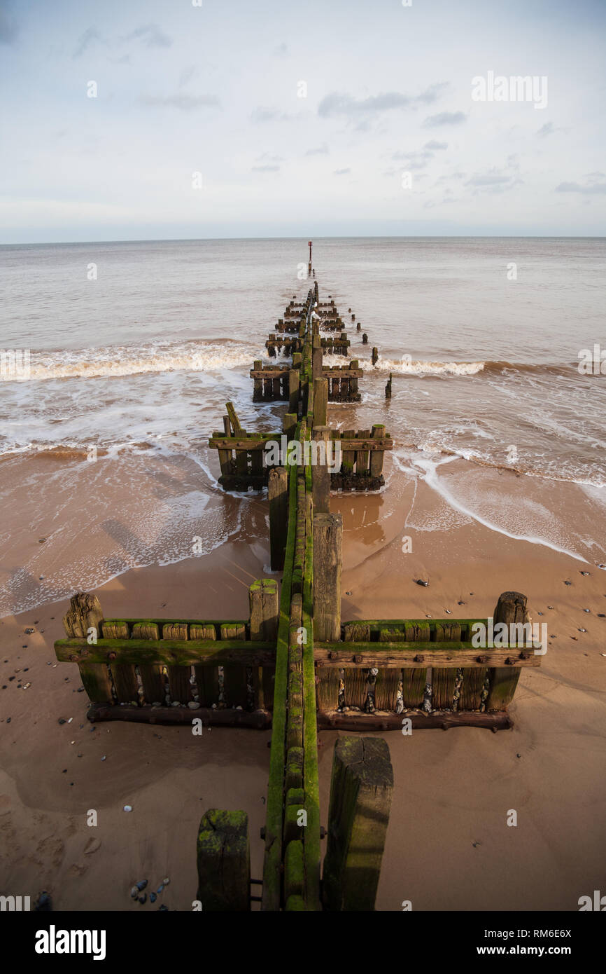 wooden beach groynes, coastal sea defences at overstrand on the norfolk ...