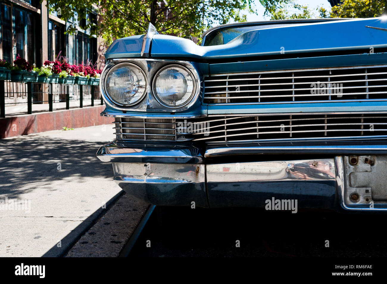 Classic Cadillac car close up detail chrome twin headlights parked by ...