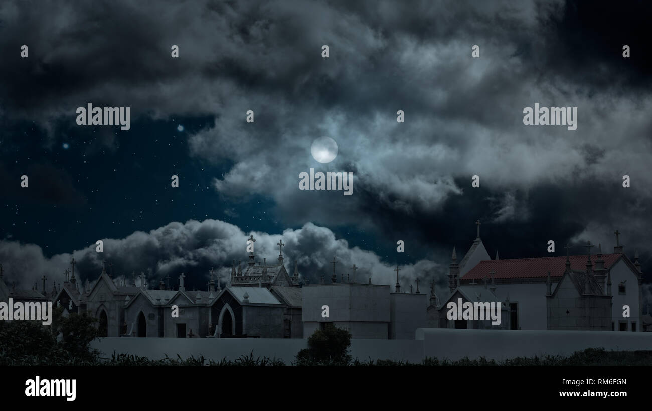 Wide view of an old european cemetery in a cloudy full moon night Stock ...