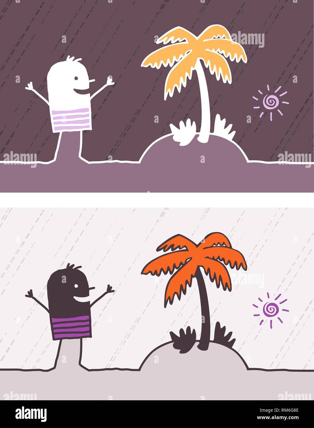 island colored cartoon - vector hand drawn characters - man and exotic ...