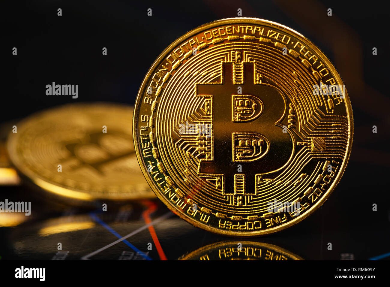 Gold bitcoin standing on financial charts for cryptocurrency prices ...