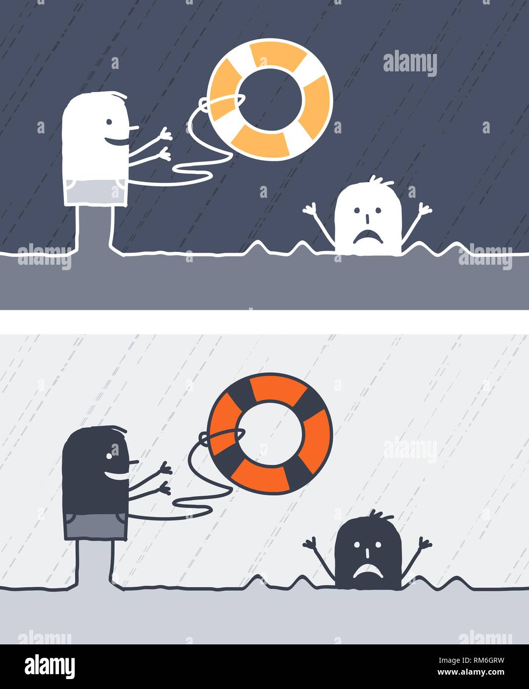 colored cartoon - vector hand drawn characters - man and rescue Stock ...