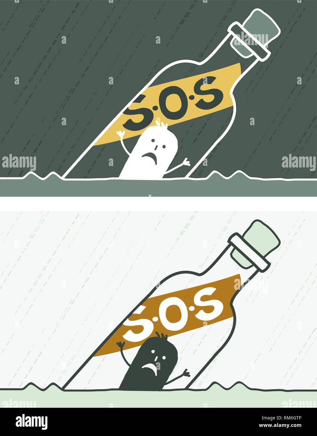 colored cartoon - vector hand drawn characters - man in S.O.S bottle ...