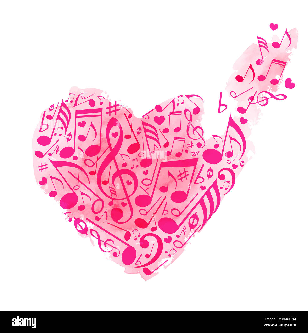 Abstract red heart of musical notes on a white background with pink ...