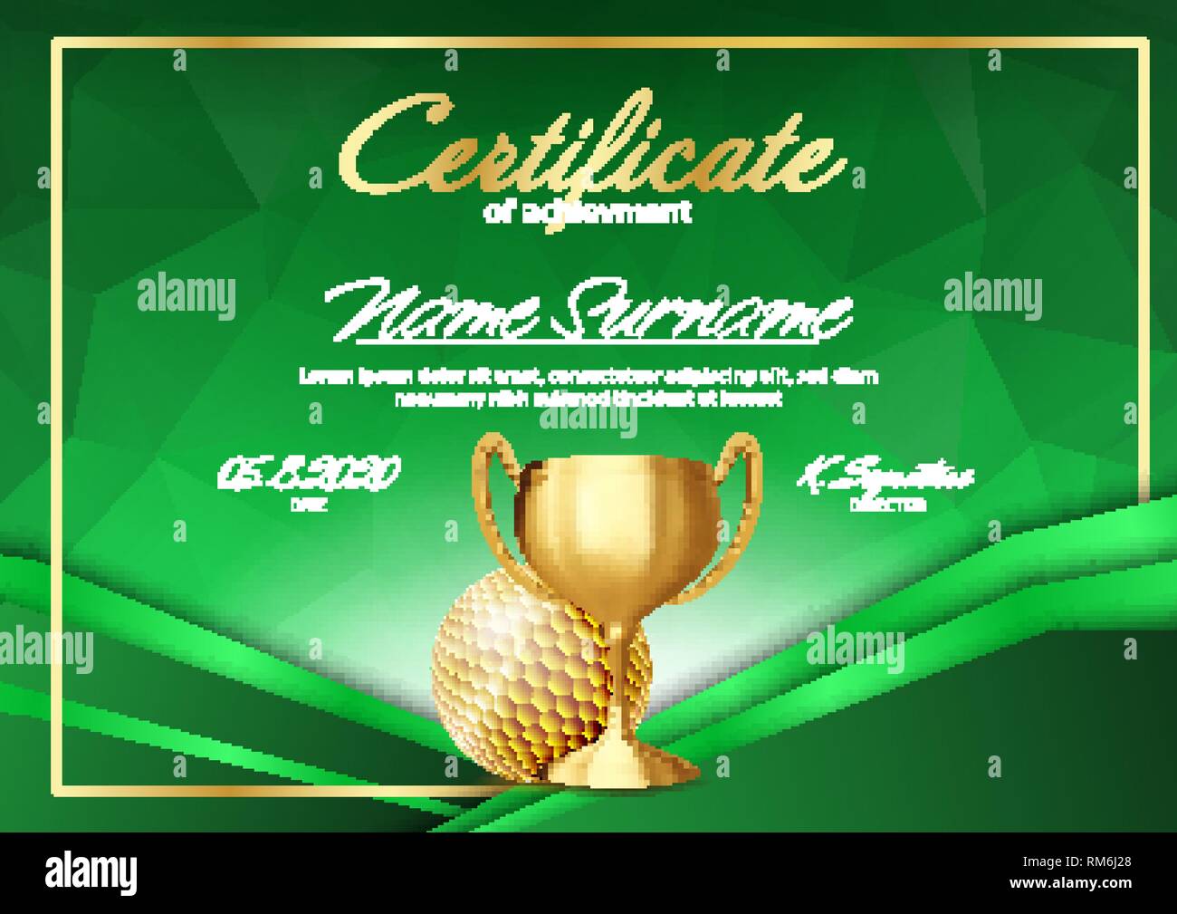 Golf Game Certificate Diploma With Golden Cup Vector. Sport Graduate ...