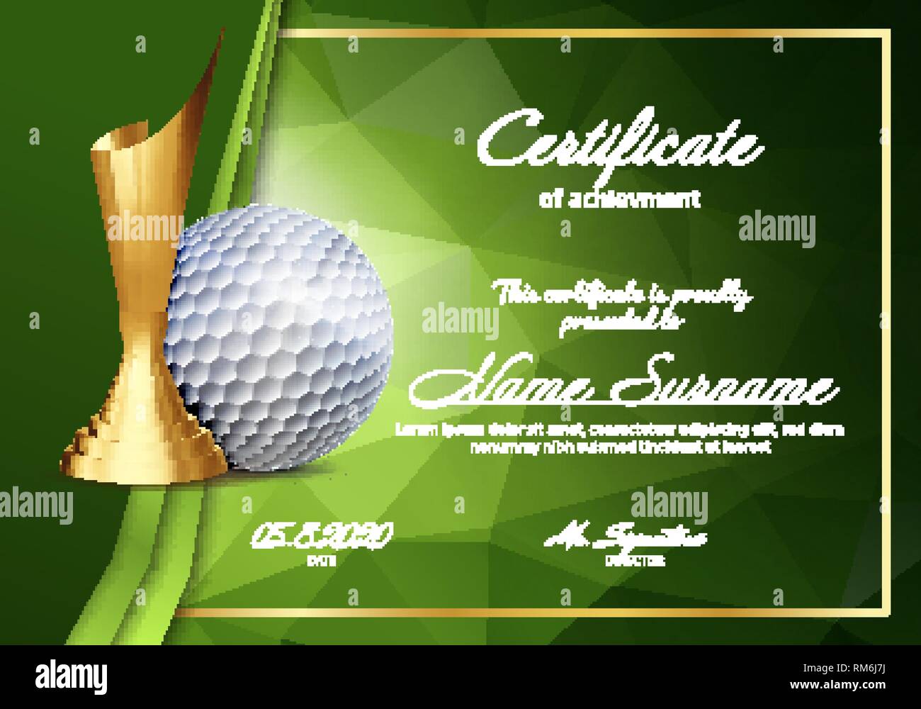 Golf Certificate Diploma With Golden Cup Vector. Sport Vintage ...