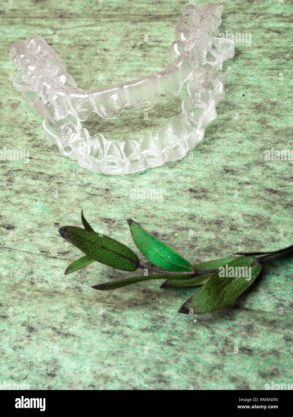 Inivisalign braces. Invisible aligner on green surface decorated with ...