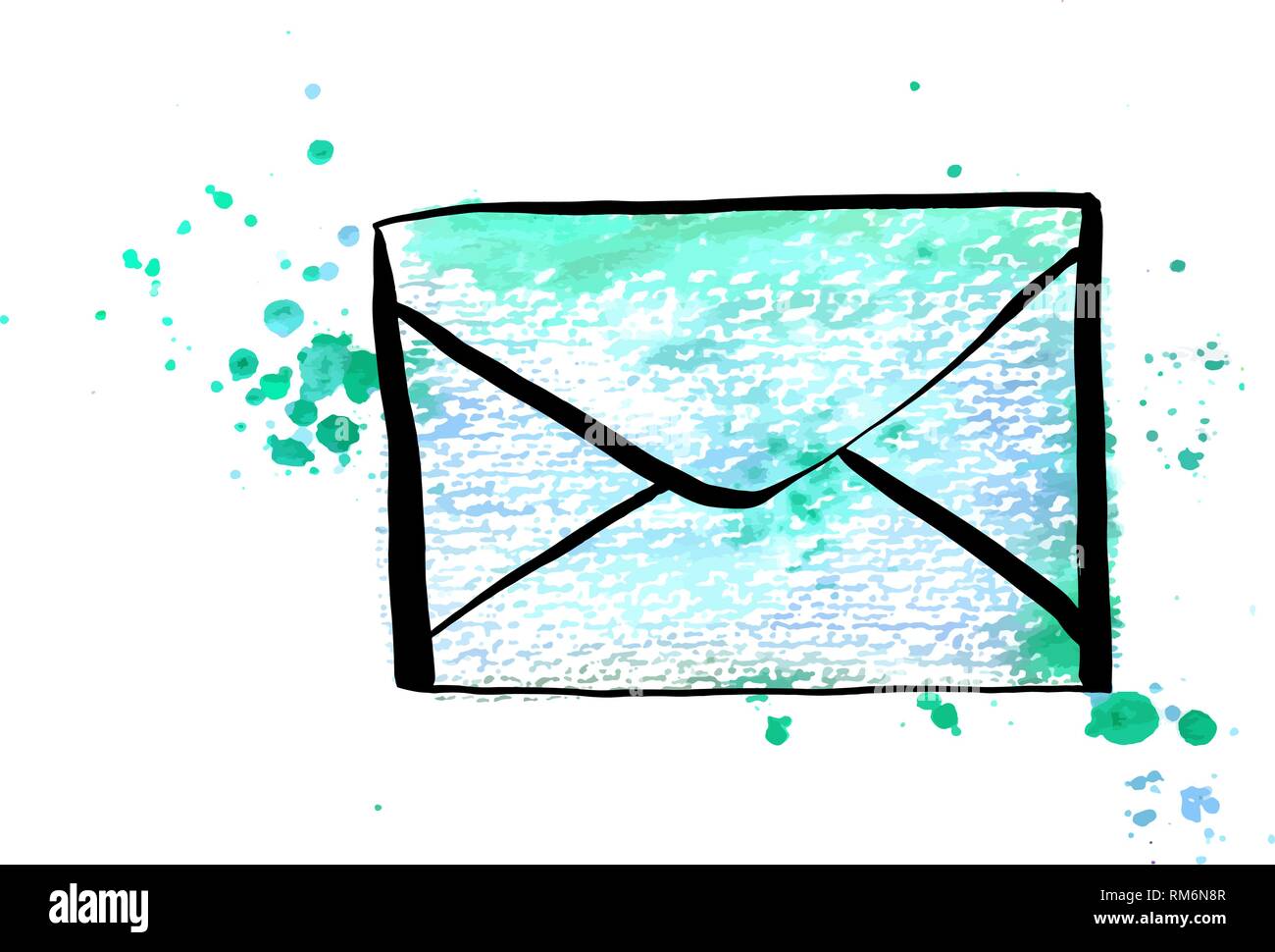A vector and watercolor drawing of a teal blue envelope, an icon on a ...