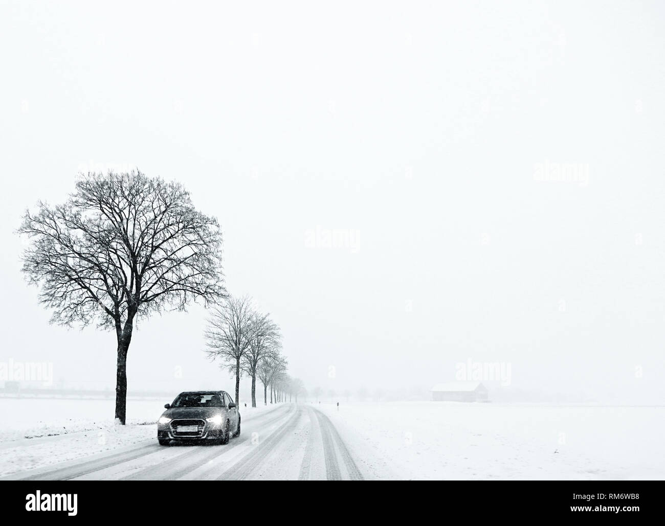 Winter in Bavaria, minimalist scene, white landscape with snow and fog ...