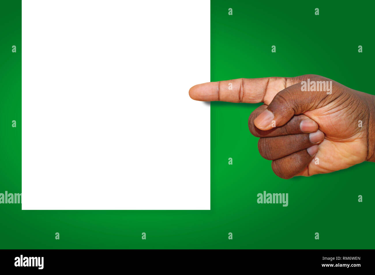 African Man's Finger Pointing at a Blank White Sign on a Green Gradient ...