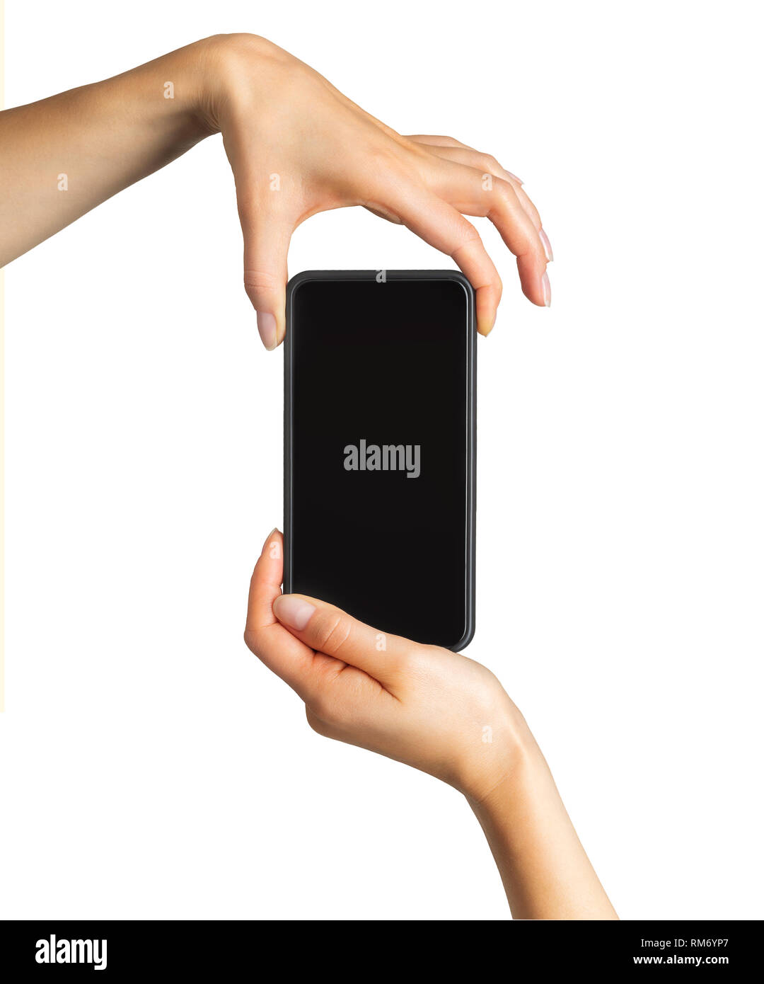 Women's hand showing black smartphone, concept of taking photo or ...