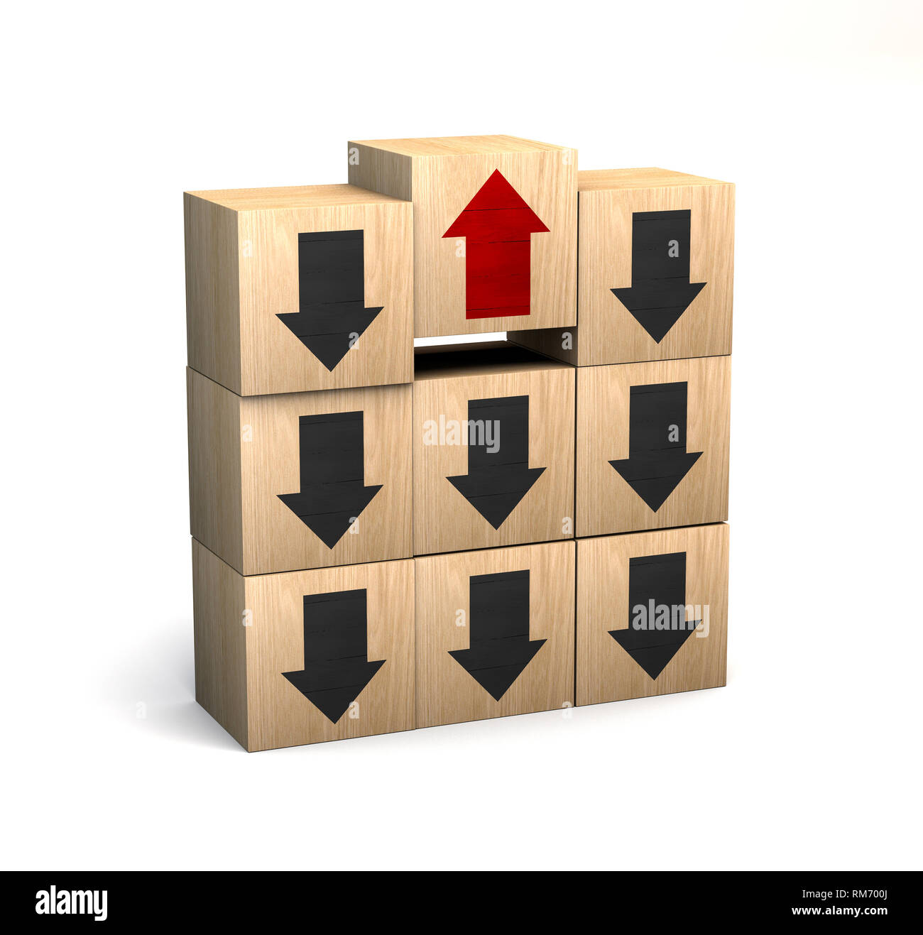 Wooden block with red arrow facing the opposite direction black arrows ...